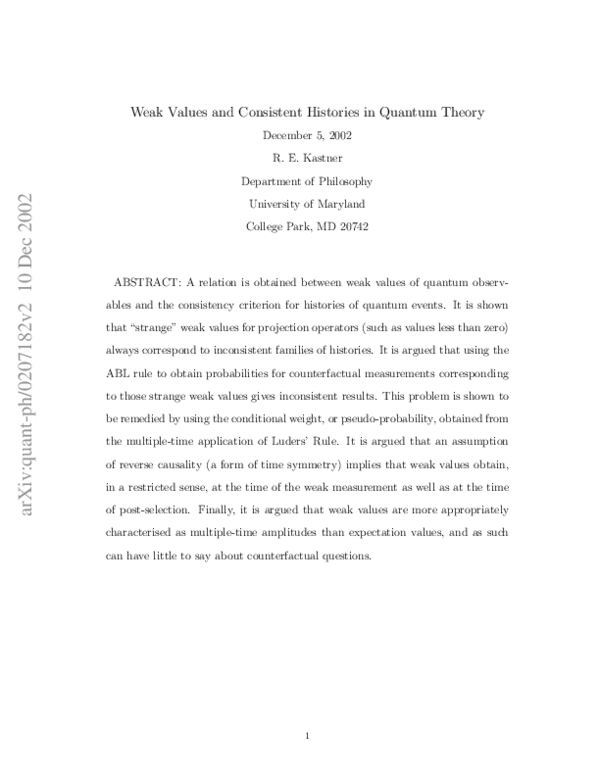(PDF) Weak values and consistent histories in quantum theory