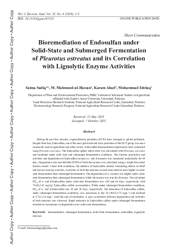 (PDF) Bioremediation of Endosulfan under Solid-State and Submerged Fermentation of Pleurotus ...