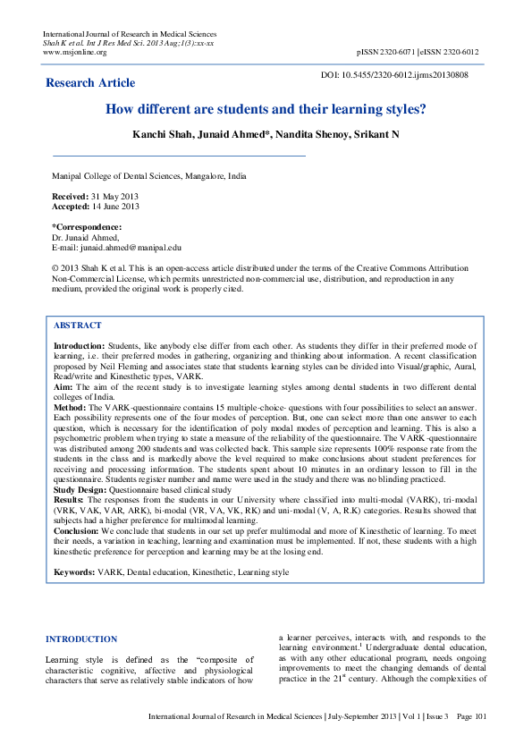 (PDF) How different are students and their learning styles?