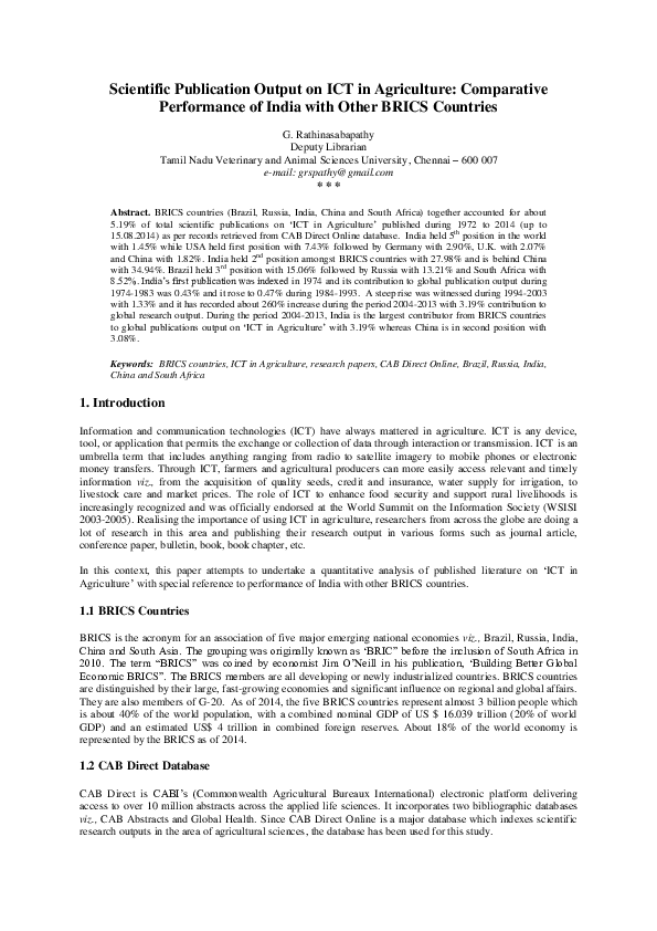 (PDF) Scientific Publication Output on ICT in Agriculture: Comparative ...