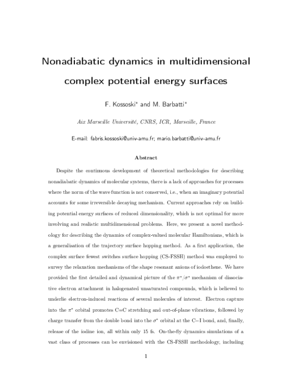 (PDF) Nonadiabatic Dynamics in Multidimensional Complex Potential Energy Surfaces