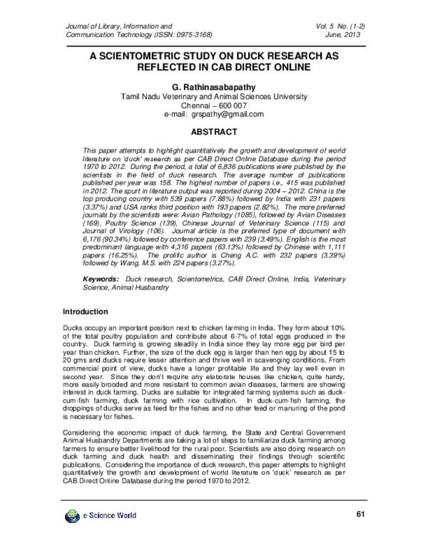 (PDF) A Scientometric Study on Duck Research as Reflected in CAB Direct ...
