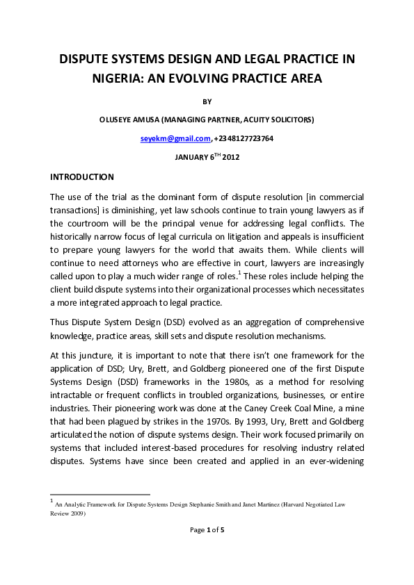 (PDF) Dispute Systems Design and Legal Practice in Nigeria: An Evolving ...