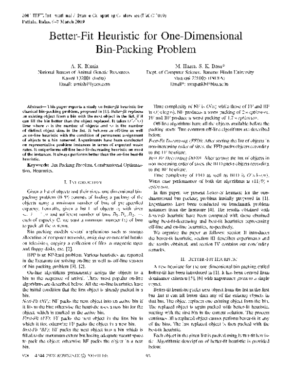 (PDF) Better-Fit Heuristic for One-Dimensional Bin-Packing Problem