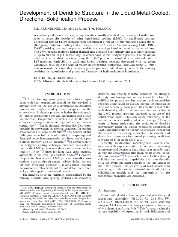 (PDF) Development of Dendritic Structure in the Liquid-Metal-Cooled, Directional-Solidification ...