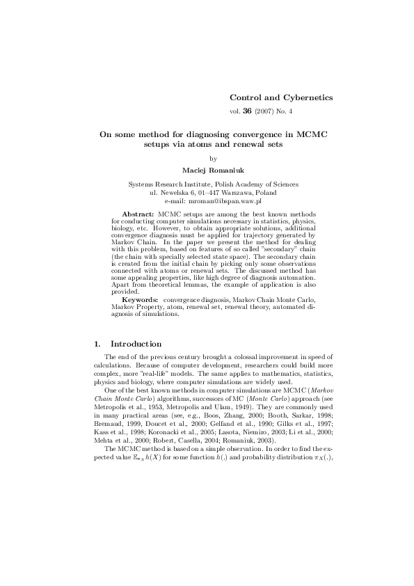 (PDF) On some method for diagnosing convergence in MCMC setups via ...