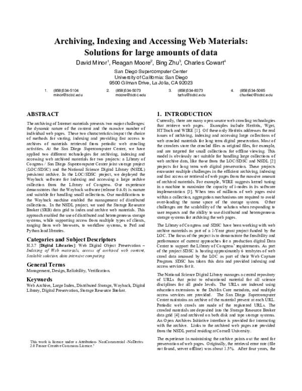 (PDF) Archiving, Indexing and Accessing Web Materials: Solutions for large amounts of data