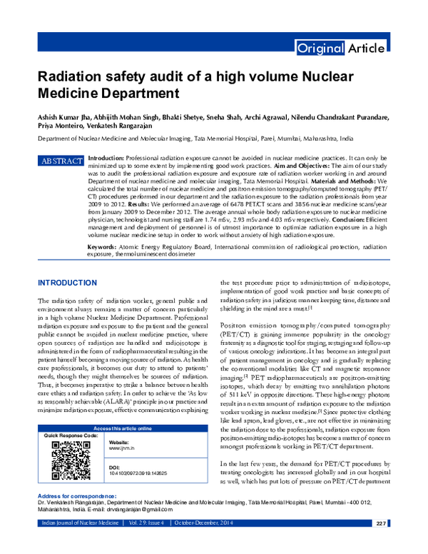 (PDF) Radiation safety audit of a high volume Nuclear Medicine Department