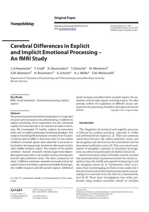 (PDF) Cerebral Differences in Explicit and Implicit Emotional Processing – An fMRI Study