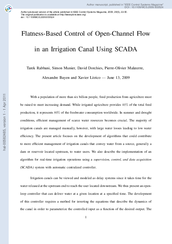 (PDF) Flatness-based control of open-channel flow in an irrigation canal using SCADA ...