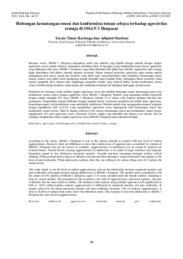 (PDF) Hubungan kematangan emosi dan konformitas teman sebaya terhadap agresivitas remaja di SMAN ...