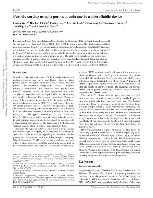 Pdf Particle Sorting Using A Porous Membrane In A Microfluidic Device