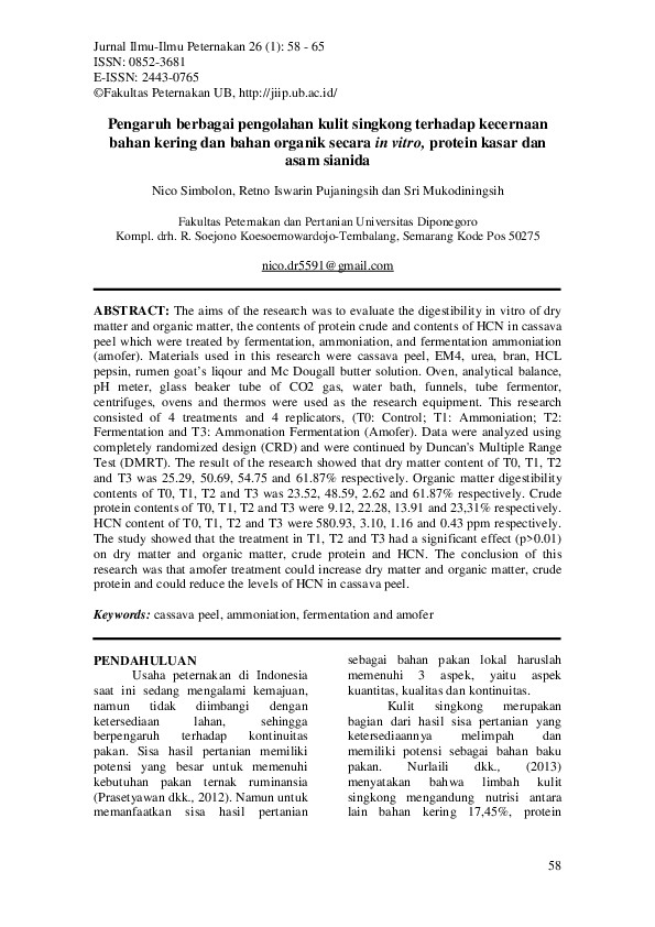 (PDF) Pengaruh berbagai pengolahan kulit singkong terhadap kecernaan bahan kering dan bahan ...