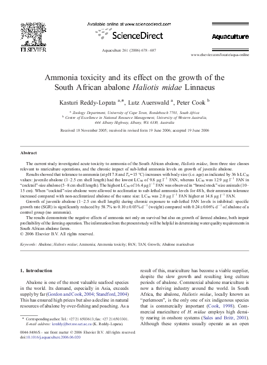 (PDF) Ammonia Effects on South African Abalone Growth