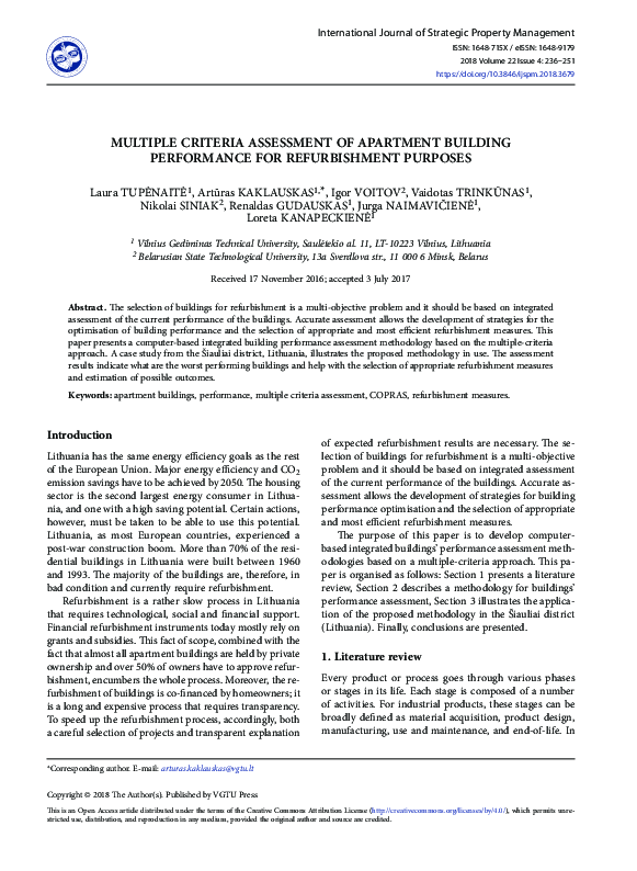 (PDF) Multiple Criteria Assessment of Apartment Building Performance for Refurbishment Purposes