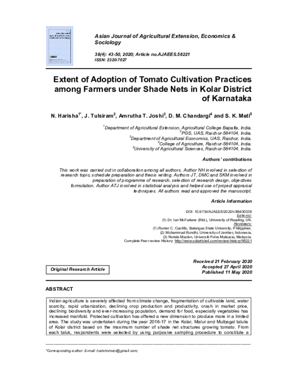 (PDF) Extent of Adoption of Tomato Cultivation Practices among Farmers under Shade Nets in Kolar ...
