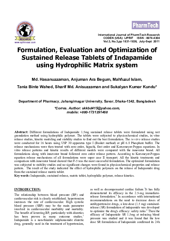 (PDF) Formulation, Evaluation and Optimization of Sustained Release Tablets of Indapamide using ...