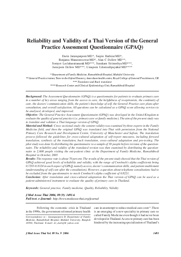 (PDF) Reliability and validity of a Thai version of the General ...