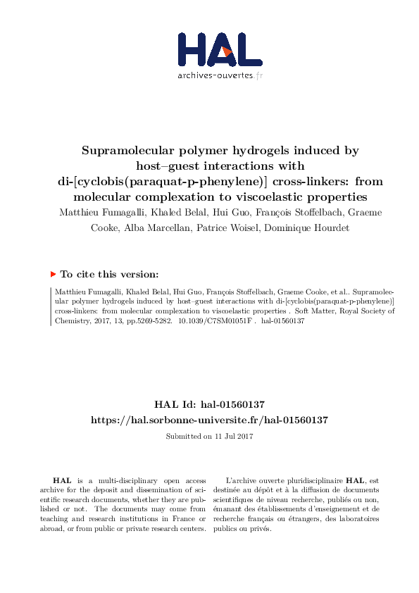 (PDF) Supramolecular polymer hydrogels induced by host–guest interactions with di-[cyclobis ...