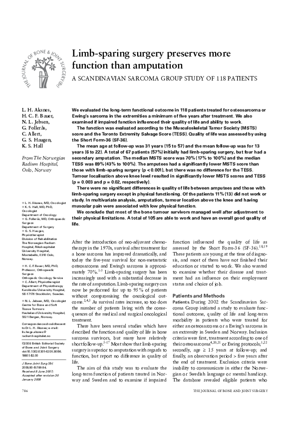 (PDF) Limb-sparing surgery preserves more function than amputation: A ...