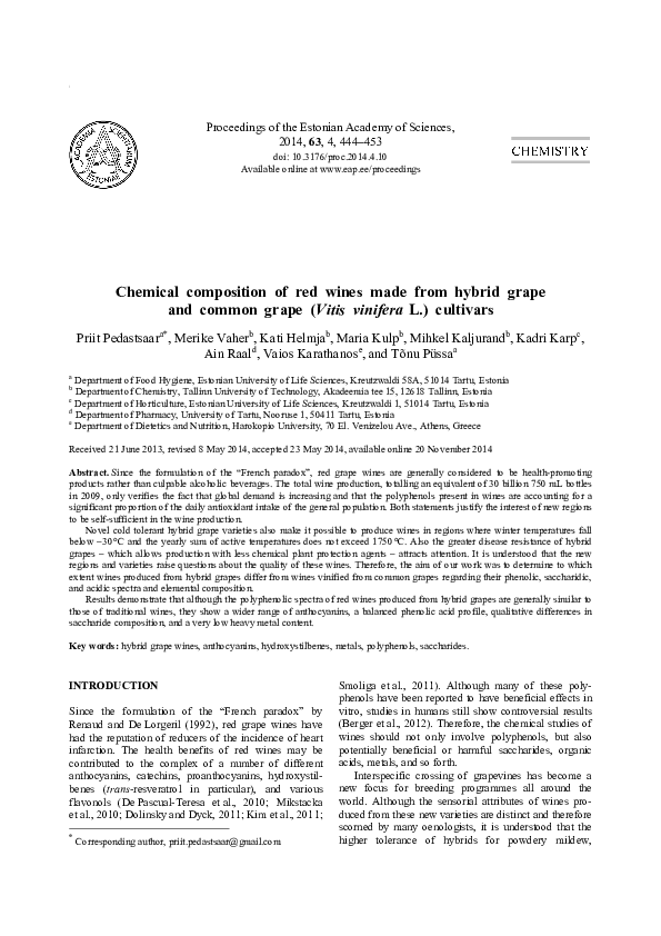 (PDF) Chemical composition of red wines made from hybrid grape and common grape ( Vitis vinifera ...