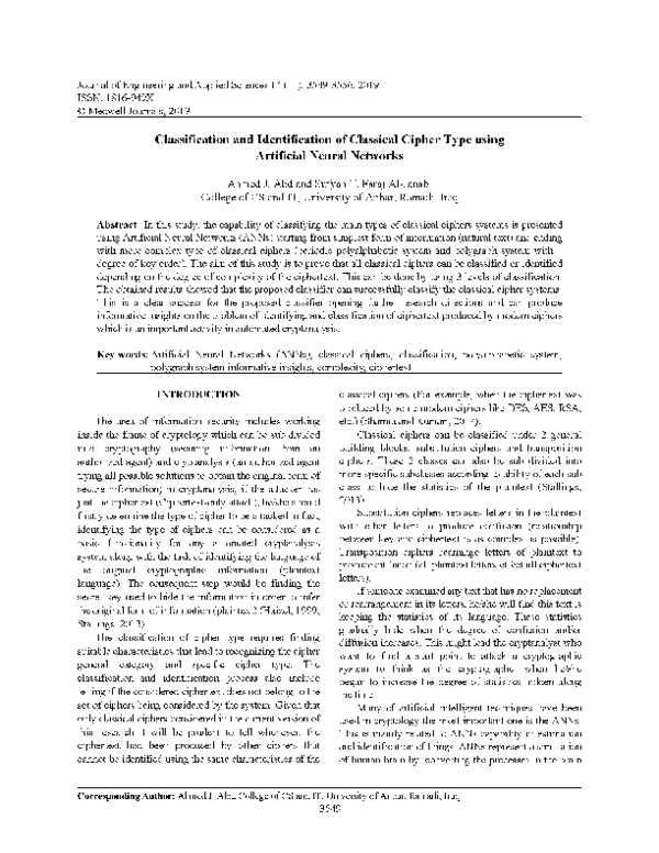 Pdf Classification And Identification Of Classical Cipher Type Using Artificial Neural