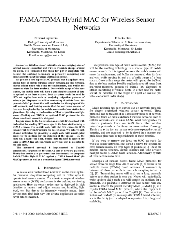 (PDF) FAMA/TDMA Hybrid MAC for Wireless Sensor Networks | Dileeka Dias - Academia.edu