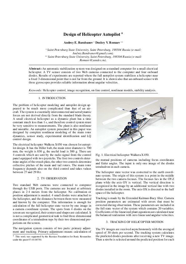 (PDF) Design of Helicopter Autopilot