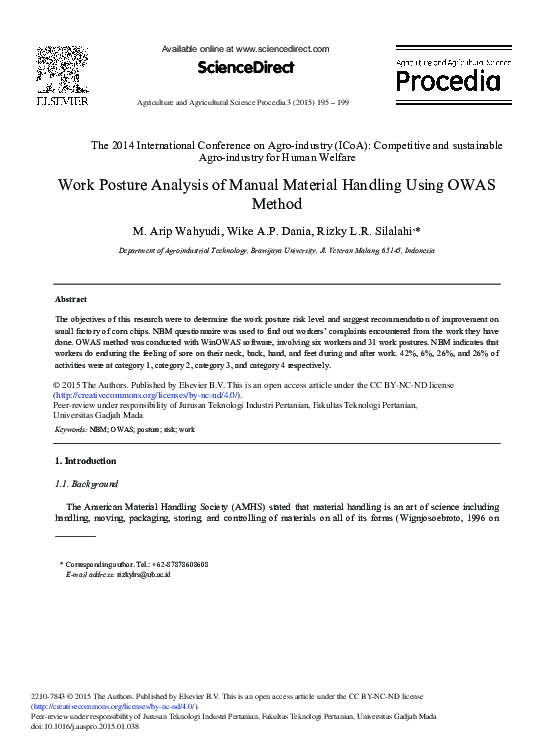 Pdf Work Posture Analysis Of Manual Material Handling Using Owas Method