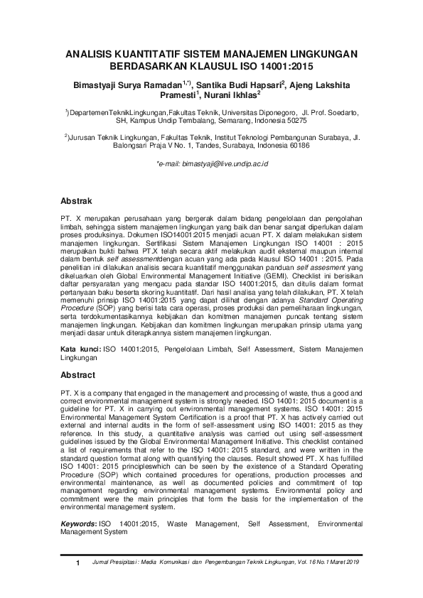 (PDF) Analisis Kuantitatif Sistem Manajemen Lingkungan Berdasarkan Klausul ISO 14001:2015