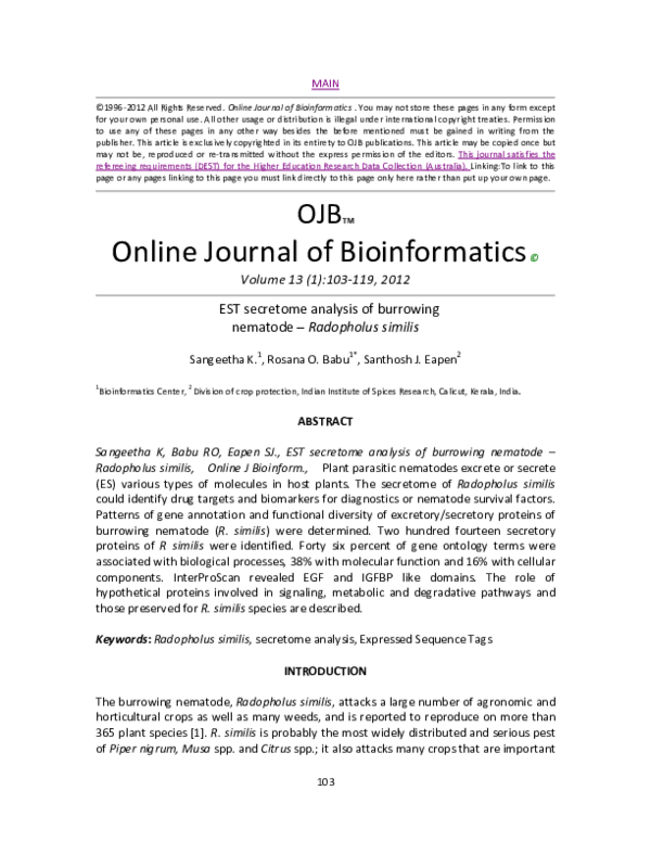 (PDF) EST secretome analysis of burrowing nematode – Radopholus similis ...