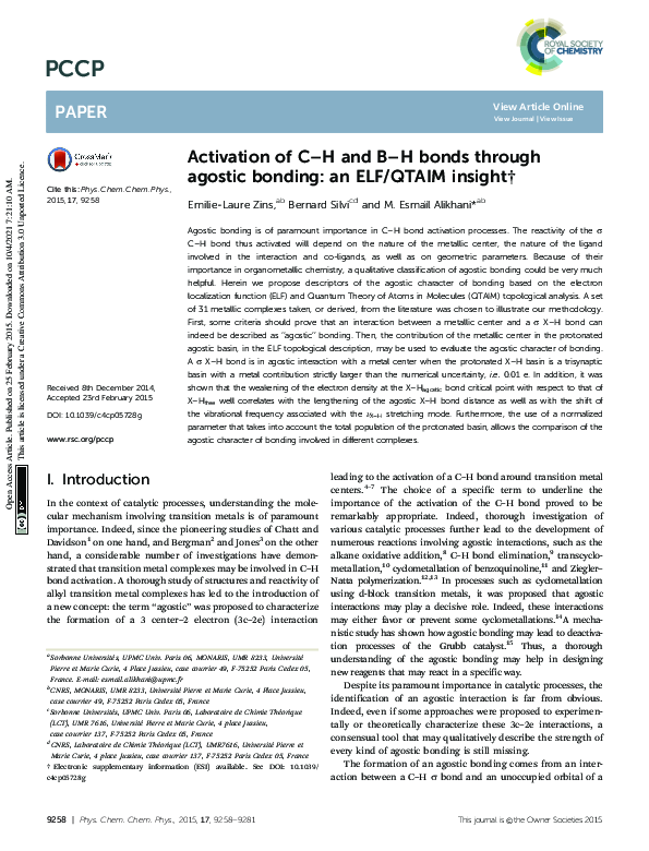 (PDF) Activation of C-H and B-H bonds through agostic bonding: an ELF ...