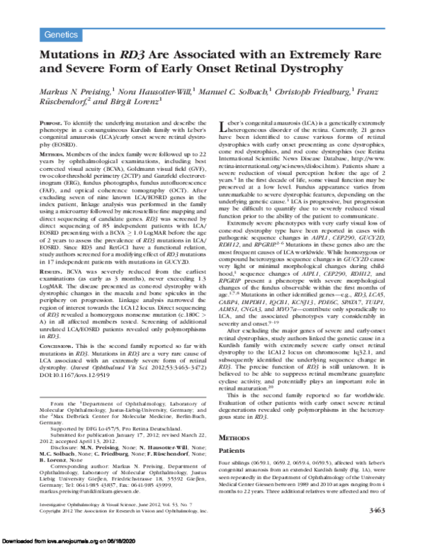 (PDF) Mutations in RD3 Are Associated with an Extremely Rare and Severe Form of Early Onset ...