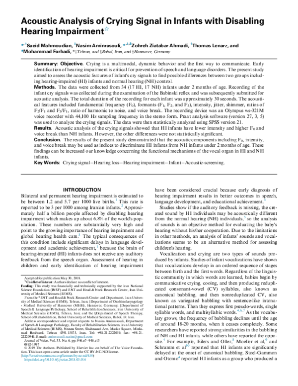 (PDF) Crying Signal Analysis in Hearing-Impaired Infants