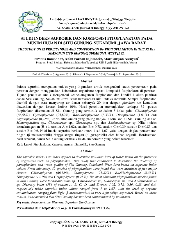(PDF) Studi Indeks Saprobik Dan Komposisi Fitoplankton Pada Musim Hujan ...