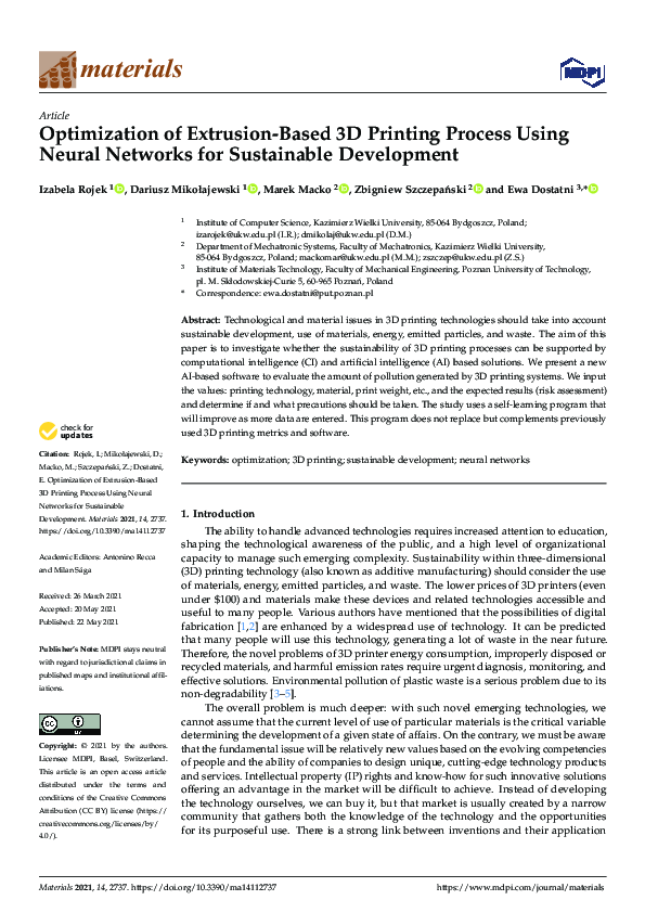 (PDF) Optimization of Extrusion-Based 3D Printing Process Using Neural ...