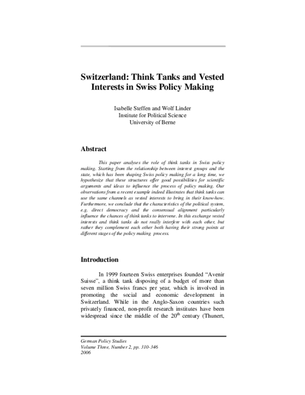 (PDF) Switzerland: Think Tanks and Vested Interests in Swiss Policy Making