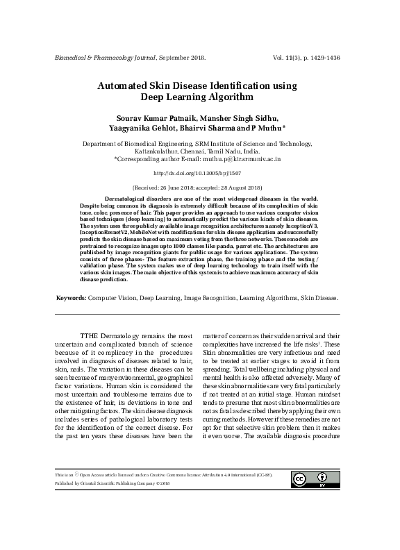 Pdf Automated Skin Disease Identification Using Deep Learning Algorithm