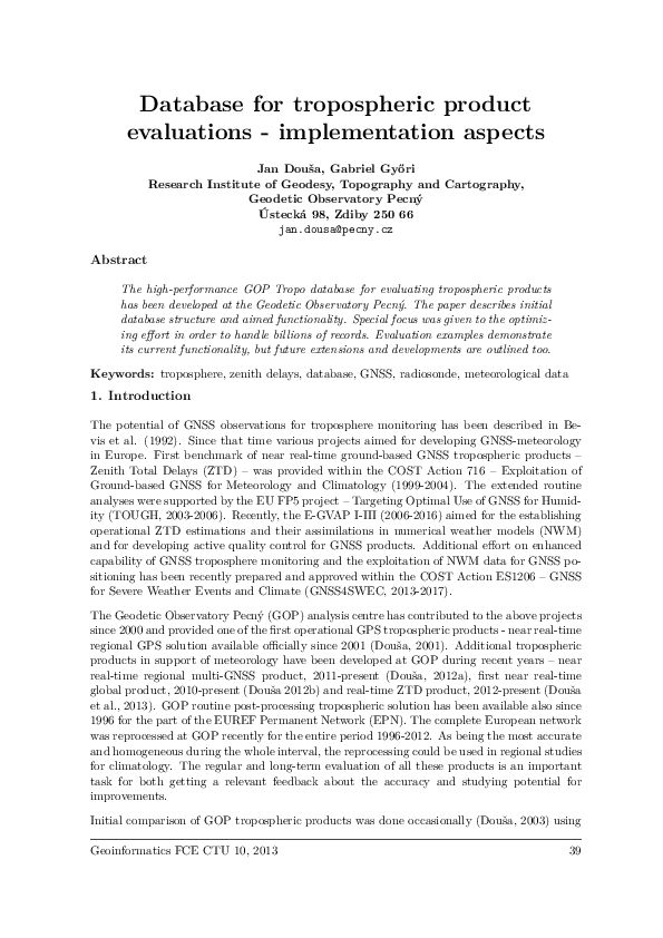 Pdf Database For Tropospheric Product Evaluations Implementation