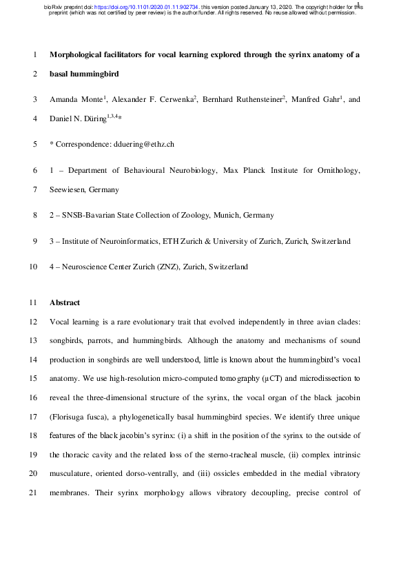 (PDF) Morphological facilitators for vocal learning explored through ...