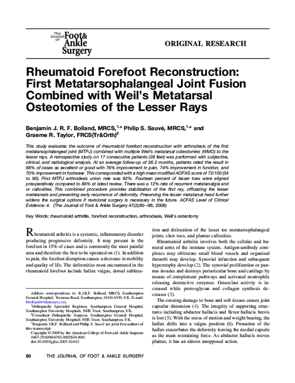 (PDF) Rheumatoid Forefoot Reconstruction: First Metatarsophalangeal ...