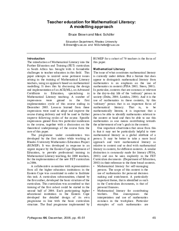 (PDF) Teacher education for Mathematical Literacy: A modelling approach