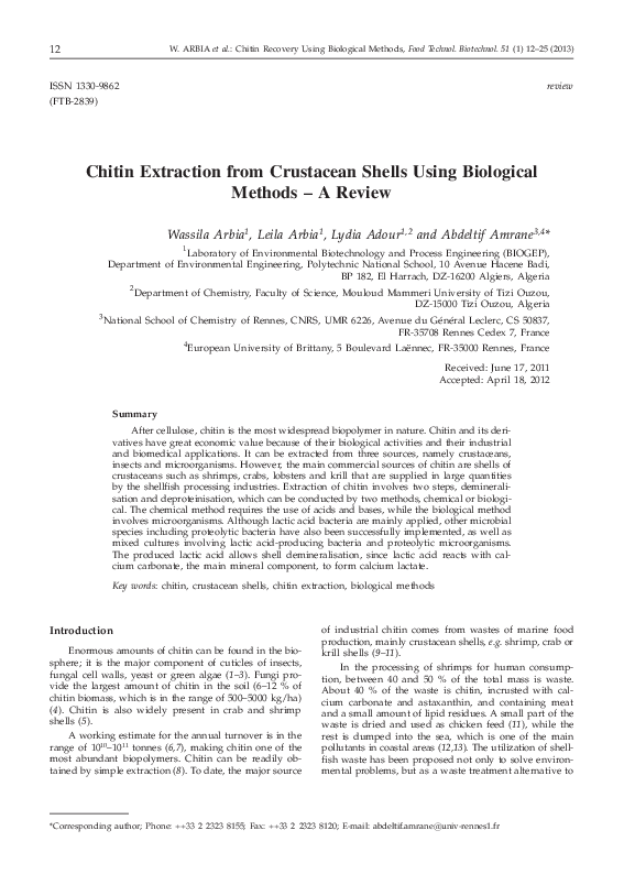 (PDF) Chitin Extraction from Crustacean Shells Using Biological Methods ...