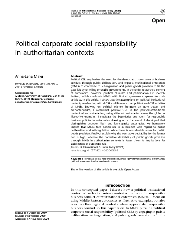 (PDF) Political corporate social responsibility in authoritarian contexts