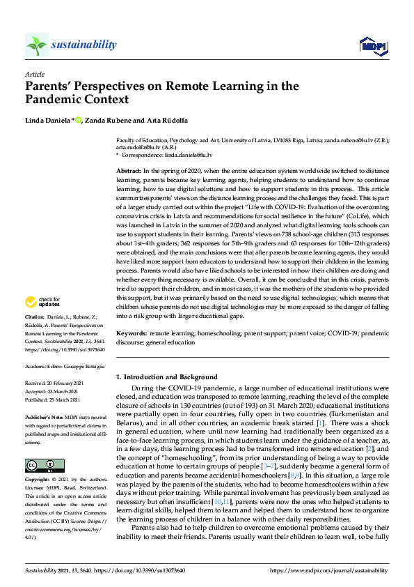 (PDF) Parents’ Perspectives on Remote Learning in the Pandemic Context