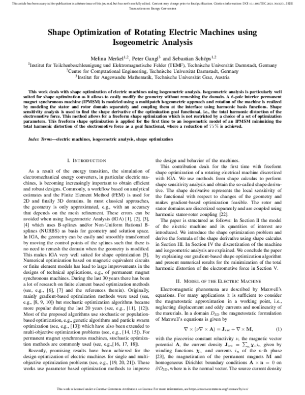 Pdf Shape Optimization Of Rotating Electric Machines Using Isogeometric Analysis