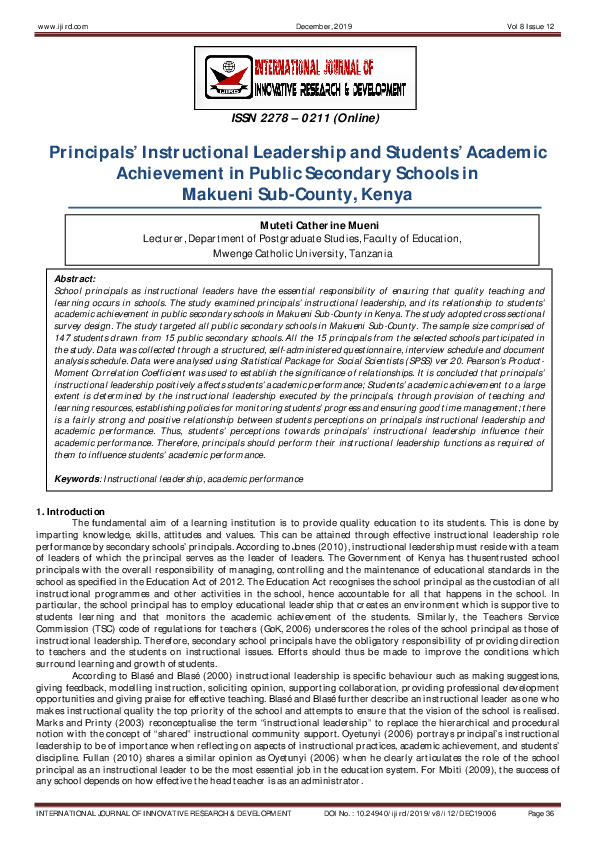 (PDF) Principals’ Instructional Leadership and Students’ Academic ...