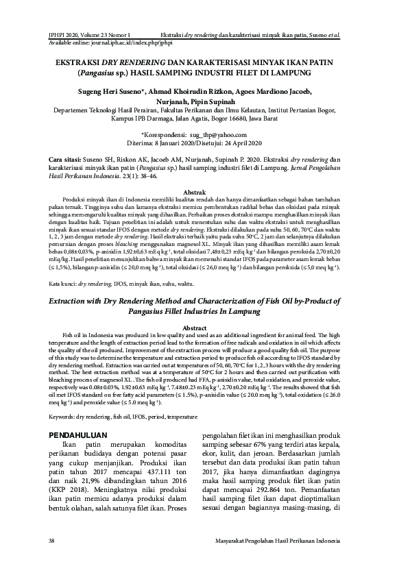 (PDF) Ekstraksi dry rendering dan karakterisasi minyak ikan patin ...
