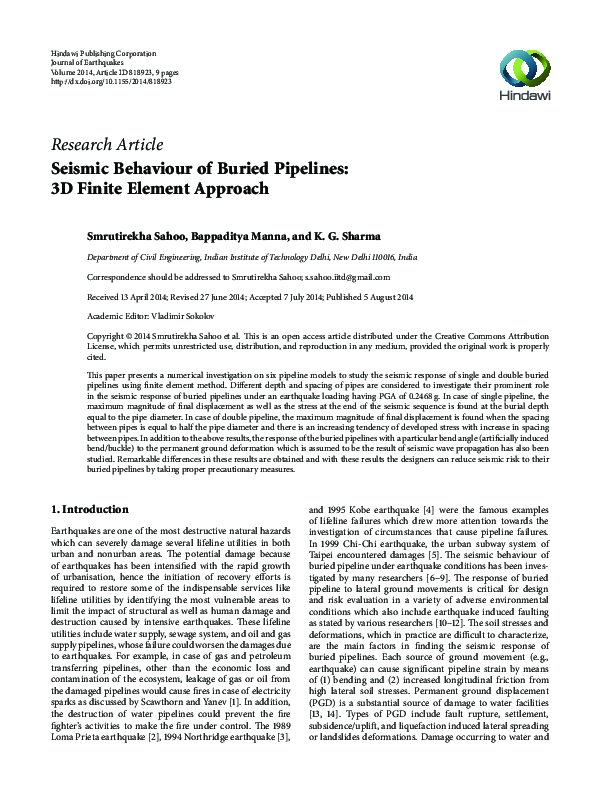 Pdf Seismic Behaviour Of Buried Pipelines 3d Finite Element Approach
