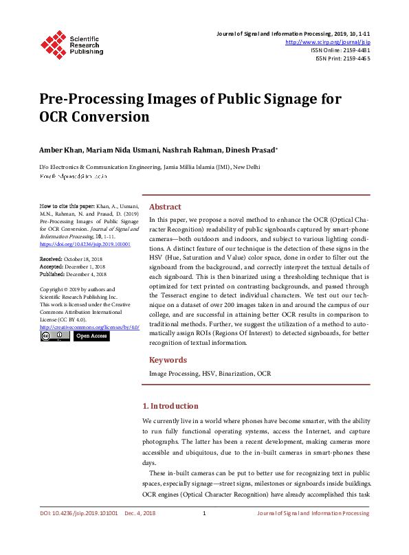 (PDF) Pre-Processing Images of Public Signage for OCR Conversion